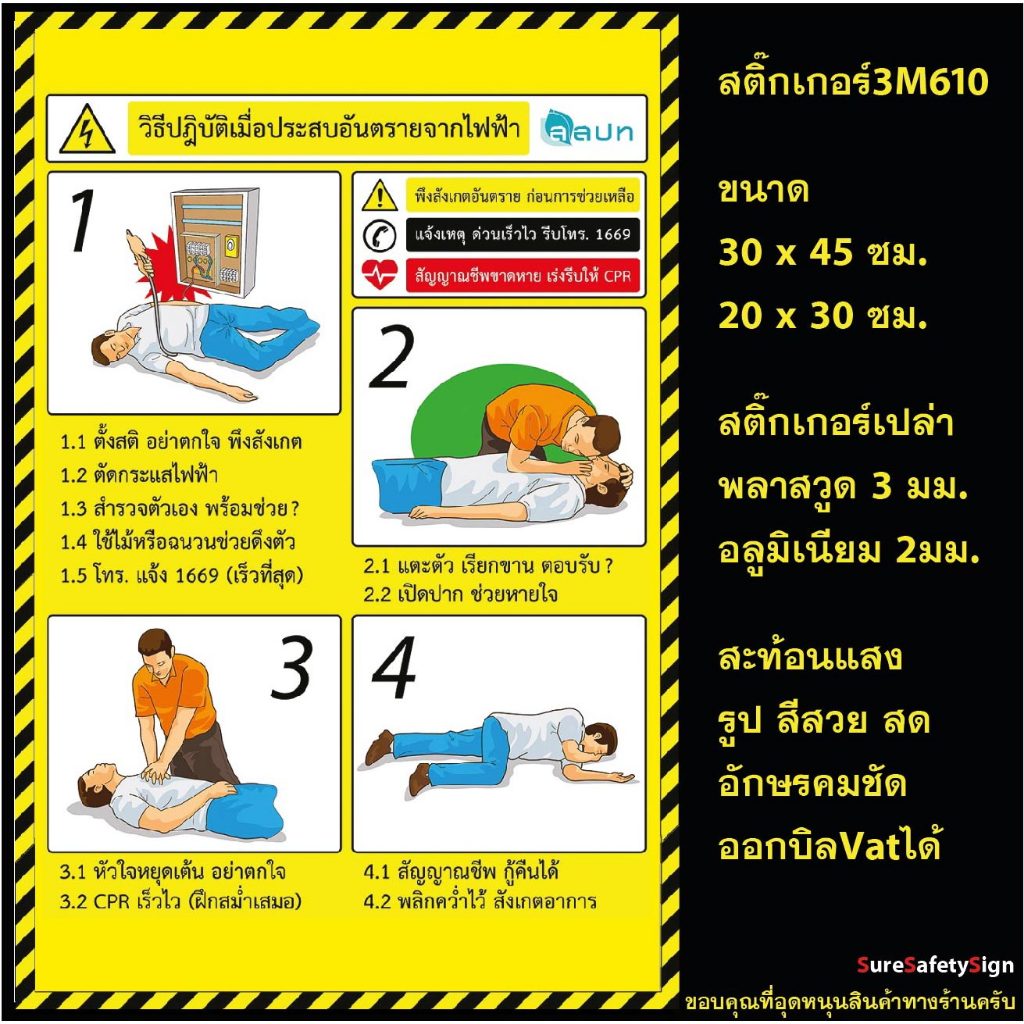 ป้ายวิธีปฏิบัติเมื่อประสบอันตรายจากไฟฟ้า WA-102 ป้ายสะท้อนแสง3M ...