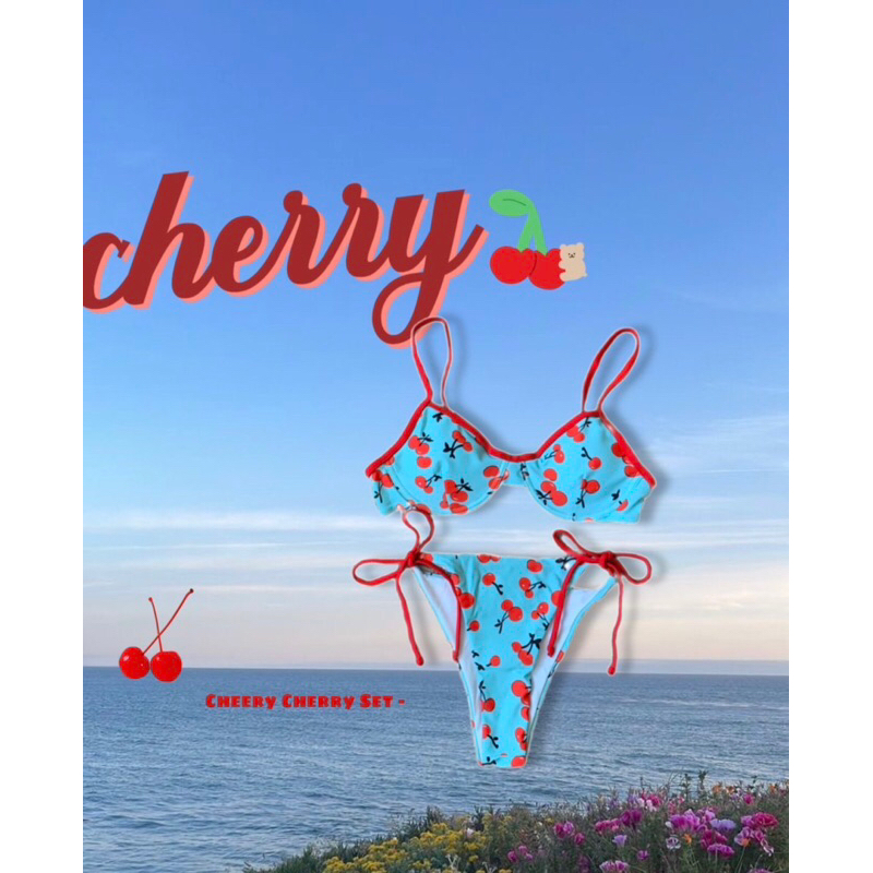 (พร้อมส่งที่ไทย) Cheery cherry set ทุพีชสีฟ้าลายเชอรี่ บรามีโครงกางเกง ...