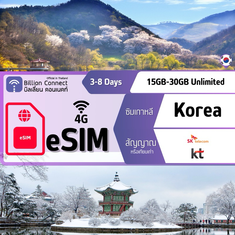eSIM Korea Sim Card 15-30GB Unlimited สัญญาณ SKT/ KT : ซิมเกาหลี เน็ตไม่อั้น 3-8วัน ซิมต่าง ...
