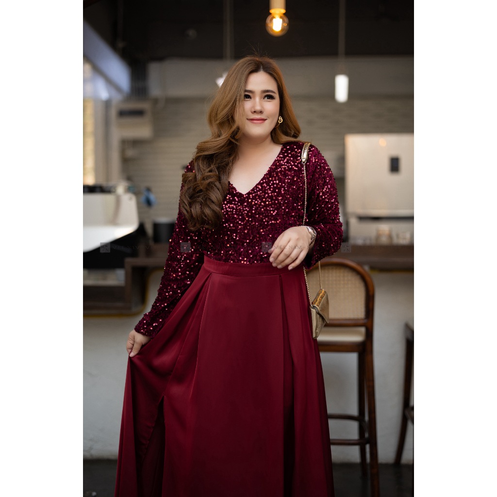 DR262 เดรสแดงกำมะหยี่แดงกลิตเตอร์ เสื้อผ้าพลัสไซส์ Plussize Fashion ชุดคนอ้วน แฟชั่นสาวอวบ ...
