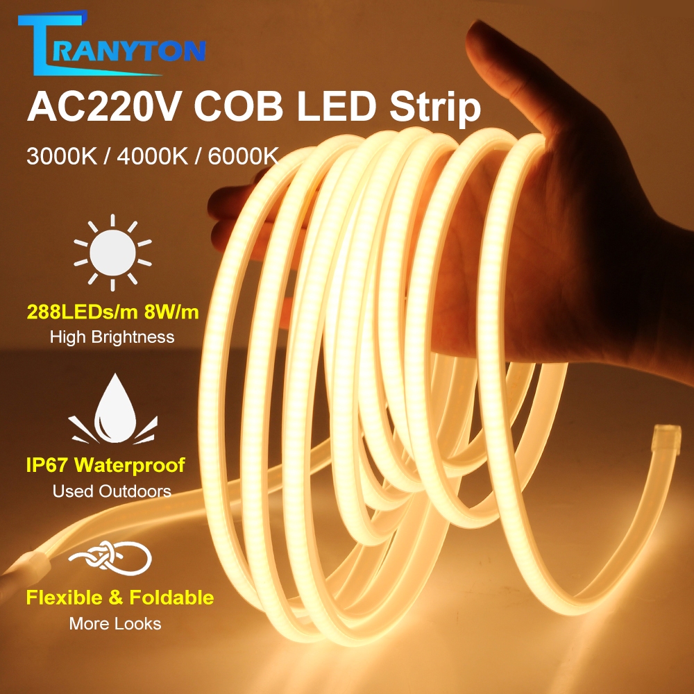 LED COBไฟเส้น 220V แถบไฟ 3 สี IP67กันน้ำ ความหนาแน่นสูง ยืดหยุ่น ไฟแต่ง ...