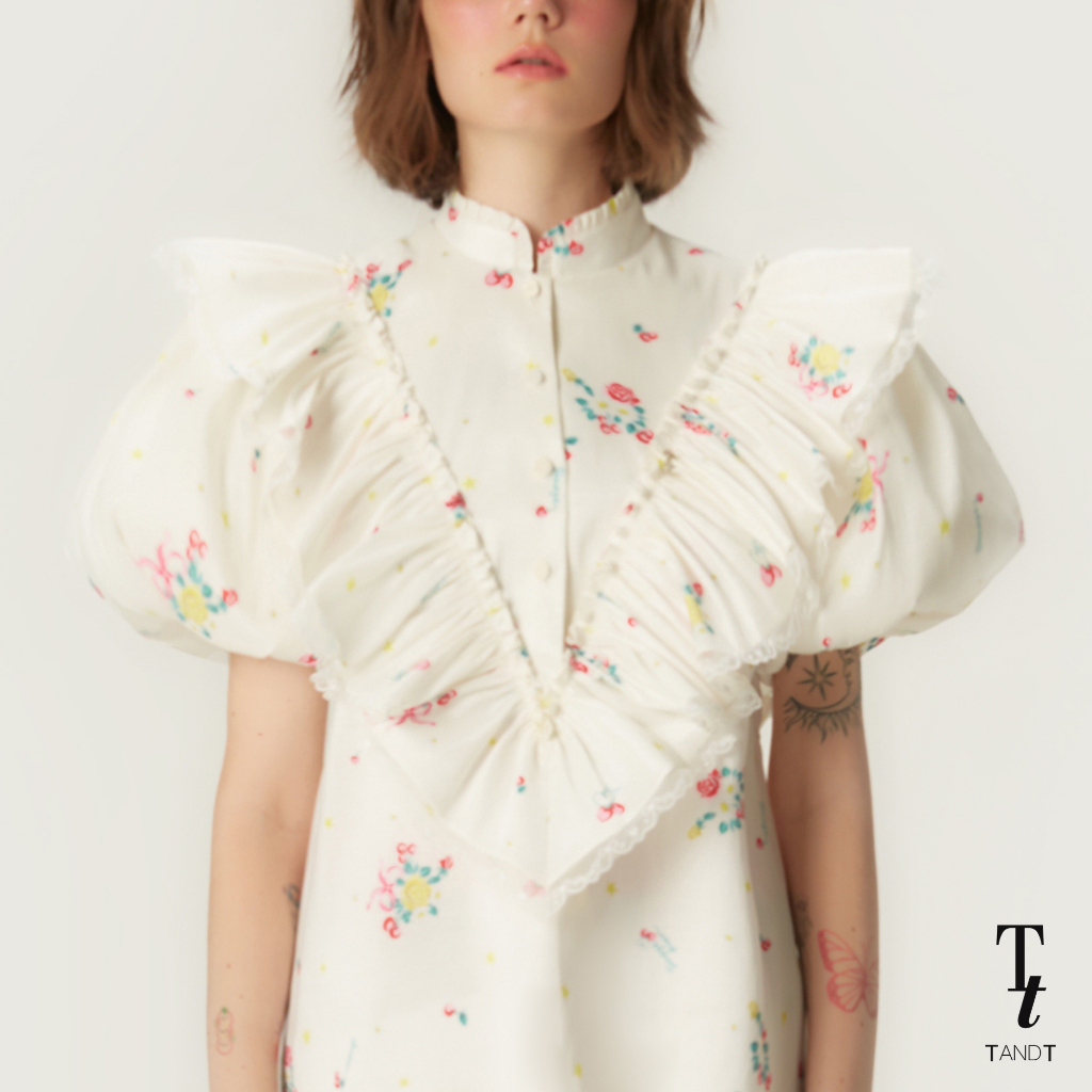 TandT - MY DEAR TOP - LULLABY PRINTED RUFFLE V-LINE PUFF SLEEVES TOP ...