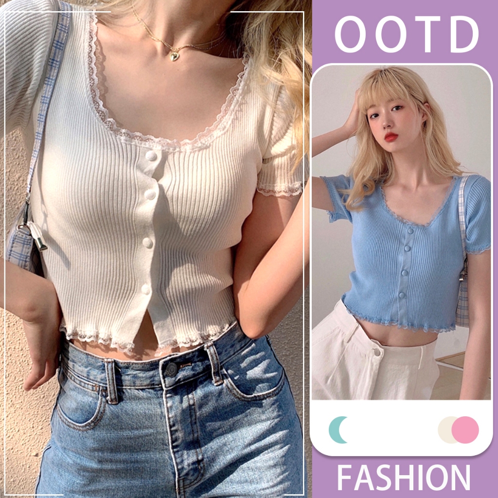 mimi&didi เสื้อครอป เสื้อไหมพรมเอวลอย Y2K แขนสั้น สีสันสดใส สไตล์หวาน สำหรับผู้หญิง#3782 ...