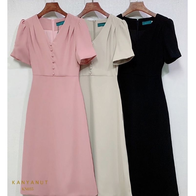 KN035_เดรสคอวีแขนสั้นทรงเอ (S.M.L.XL) | Shopee Thailand