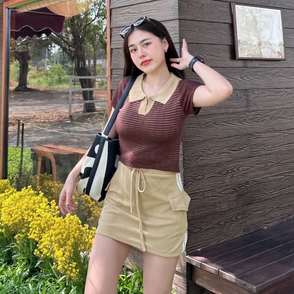 🌈MesubShop🌈เสื้อครอปคอโปโลแขนสั้น ผ้าไหมพรมทอลายริ้วสลับสี รุ่น บทเพลง B-015-2-A | Shopee Thailand