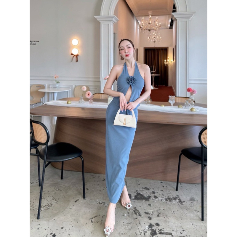 poshie(1229) peipi set ชุดเซ็ท2ชิ้น เสื้อแต่งกุหลาบที่อกและกระโปรงยาว ...