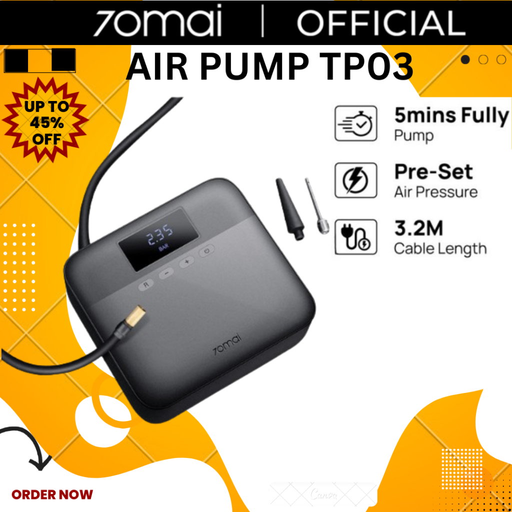 โปรโมชั่นสองร้อยบาท⭐ล่าสุด 70mai TP03 Portable Compressor ปั๊มลมไฟฟ้า ปั๊มลมคอมเพรสเซอร์ ...