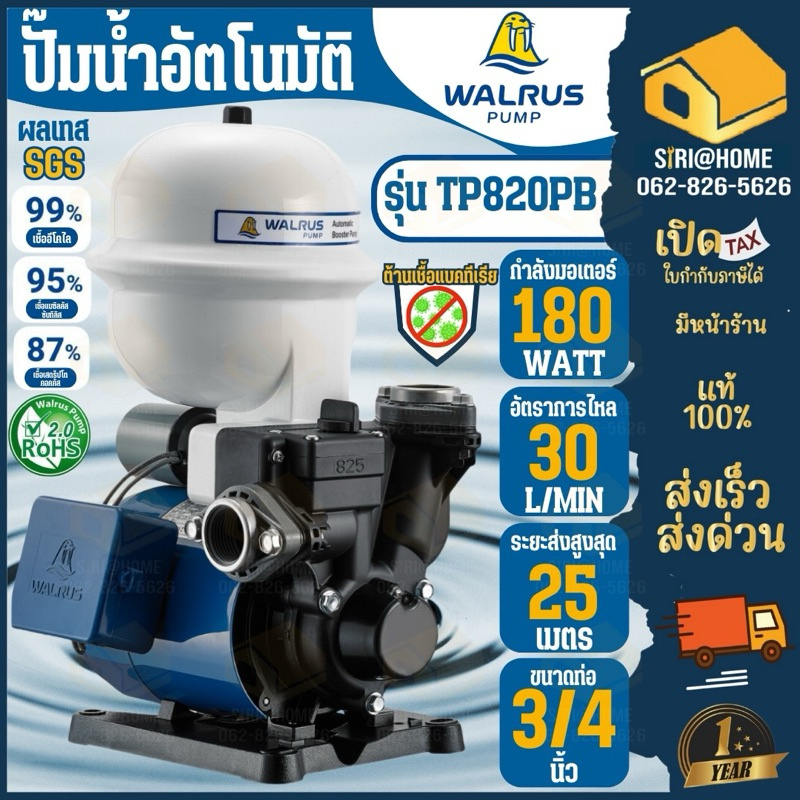 WALRUS ปั๊มน้ำอัตโนมัติ รุ่น TP820PB ขนาด 3/4 นิ้ว กำลัง 180 w ไฟ220V ปั๊มน้ำ 3/4" | Shopee Thailand