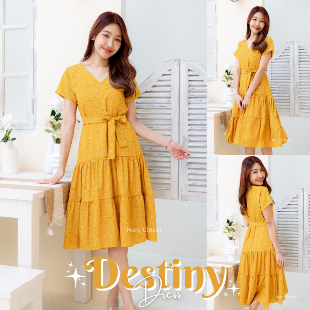 Destiny Dress เดรสคอวีกระโปรงตัดต่อเรเยอร์ ไม่ต้องรีด ซิปหลัง ซับในทั้ง ...