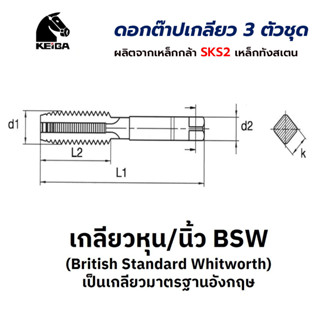 ดอกต๊าปเกลียว 3 ตัวชุด KEIBA คิบบา ชนิดต๊าบมือ Hand Tap เกลียวหุน/นิ้ว BSW มีหลายขนาด 1/4" - 3/4 ...