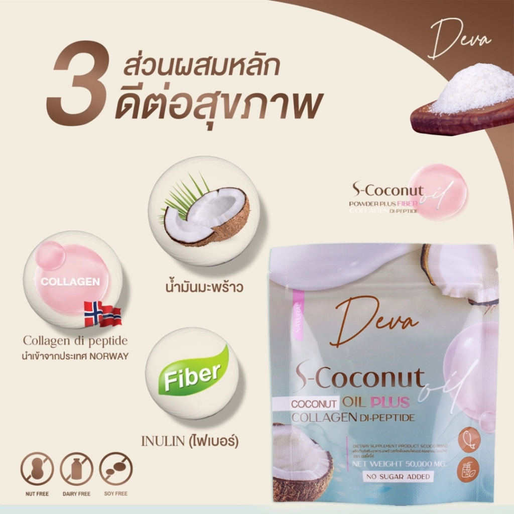 ร้านนี้จำหน่ายของแท้!!! Deva s-coconut oil Plus น้ำมันมะพร้าวชนิดผง ผสมคอลลาเจนไดเปปไทด์ จำนวน 1 ...