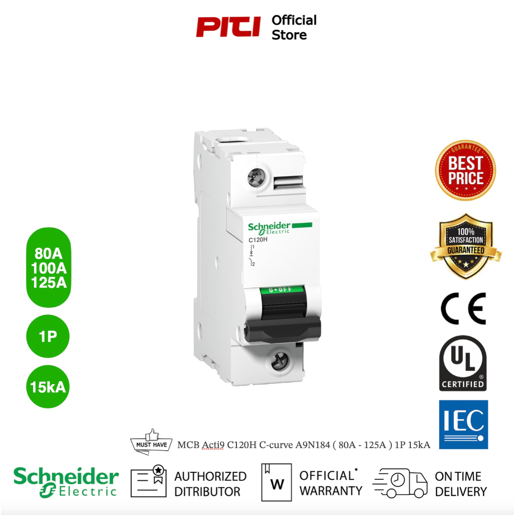 Schneider MCB A9N18447 100A 1P 15kA C120H C-curve Acti9 Miniature Circuit Breaker เซอร์กิต ...