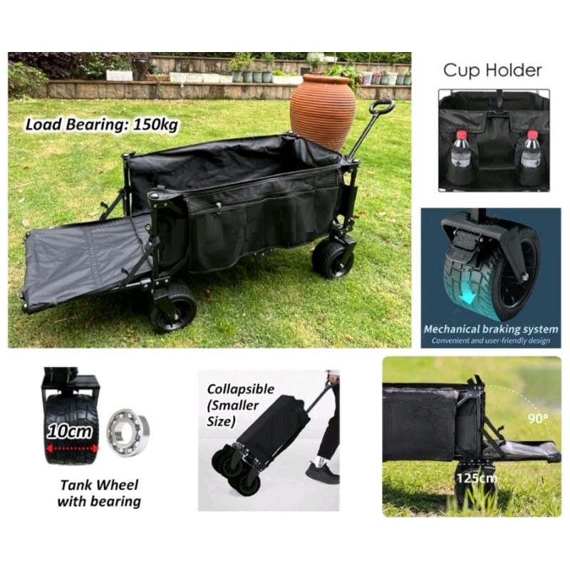 รถเข็นพับสนาม ไซส์ใหญ่ เปิดฝาท้ายได้ ขนาด 150L/รับน้ำหนักได้150kg. ล้อโต/ลูกปืน ล็อคล้อได้ ...