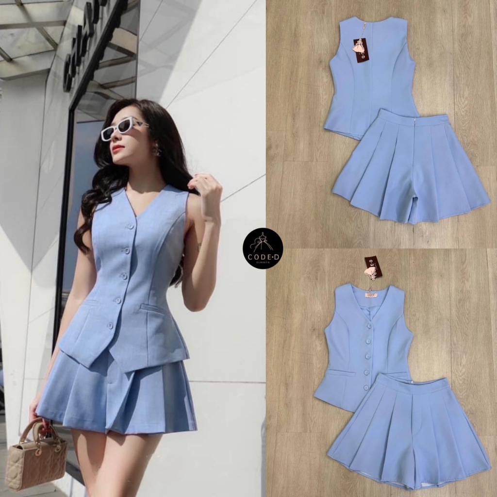 CODE-D CLOSETS CD022 ชุดเซต 2 ชิ้นสีฟ้า เสื้อเบลเซอร์แขนกุด แมทช์กับ กางเกงขาสั้น | Shopee Thailand