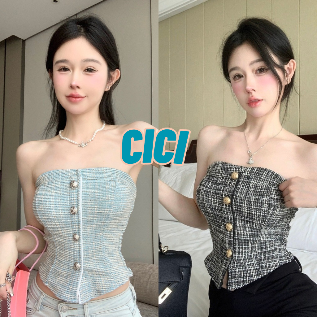 Cici(NO.J981)เกาะอก ผ้าชาแนล กระดุมทอง สวยหรู สไตล์คุณหนูหวานเซ็กซี่ | Shopee Thailand
