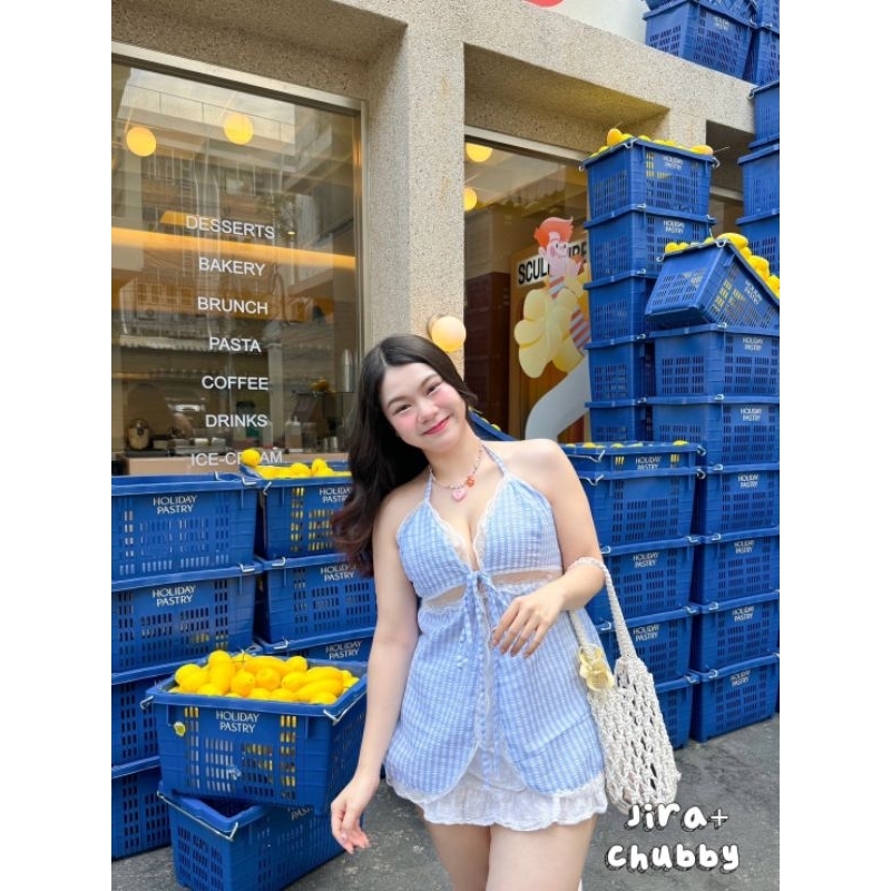 มินิเดรสลายสก็อตแต่งลูกไม้ ผูกโบว์คอ โชว์หลัง อก40-52" สาวอวบอ้วน Bigsize/Plussize/Chubby ...