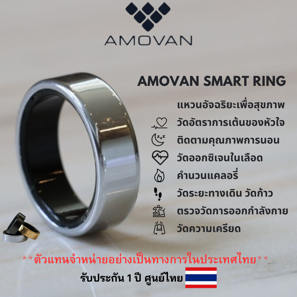 Amovan Smart Ring แหวนอัจฉริยะ สีเงินวัดอัตราการเต้นของหัวใจ ออกซิเจนในเลือด คุณภาพการนอน ...
