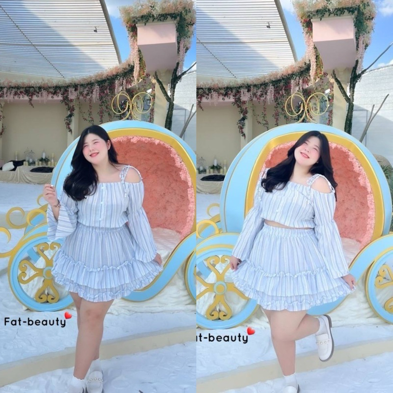 Set2ชิ้น เสื้อปาดไหล่ + กระโปรงขนมชั้น plussize อก34-48นิ้ว | Shopee Thailand