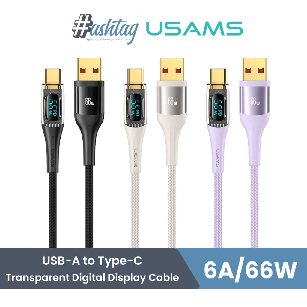 USAMS US-SJ592 Type-C 6A 66W Transparent Digital Display Cable ...