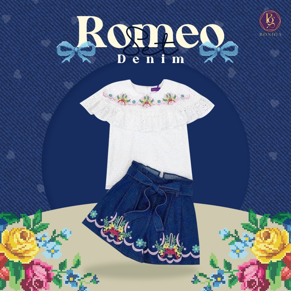 Boniga สีขาวยีนส์ Romeo Denim Set เซ็ตวินเทจ 2 ชิ้น เสื้อลูกไม้ฉลุ ปก ...