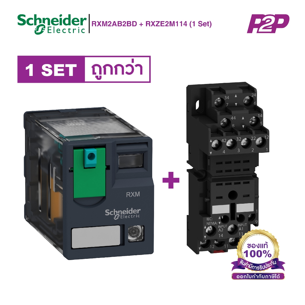 RXM2AB2BD + RXZE2M114 (1 Set) : รีเลย์พร้อมฐานเสียบ 2 คอนแทค 12A 24VDC ไฟ LED แสดงสถานะ ...