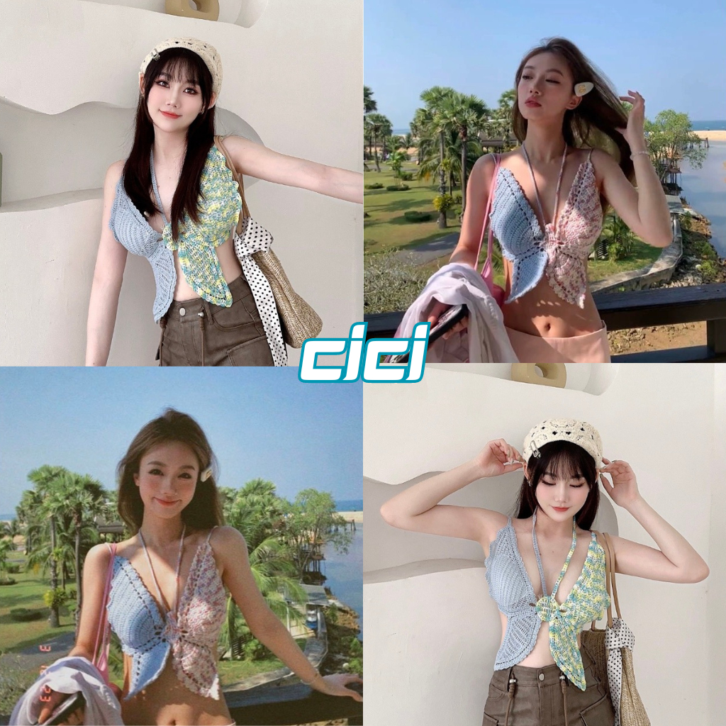 Cici (NO.TZ101)บราสายเดี่ยวทรงผีเสื้อ ผ้าถักสีทูโทน มีฟองน้ำในตัว | Shopee Thailand