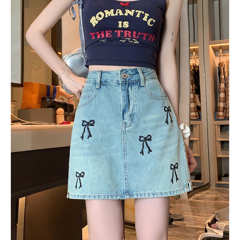 GHAOHES กระโปรงทรงเอ /S-5XL/ โบว์เย็บปักถักร้อย สาวอวบ เอวสูง ผ้าไม่ยืด กระโปรงขาสั้น V75 ...