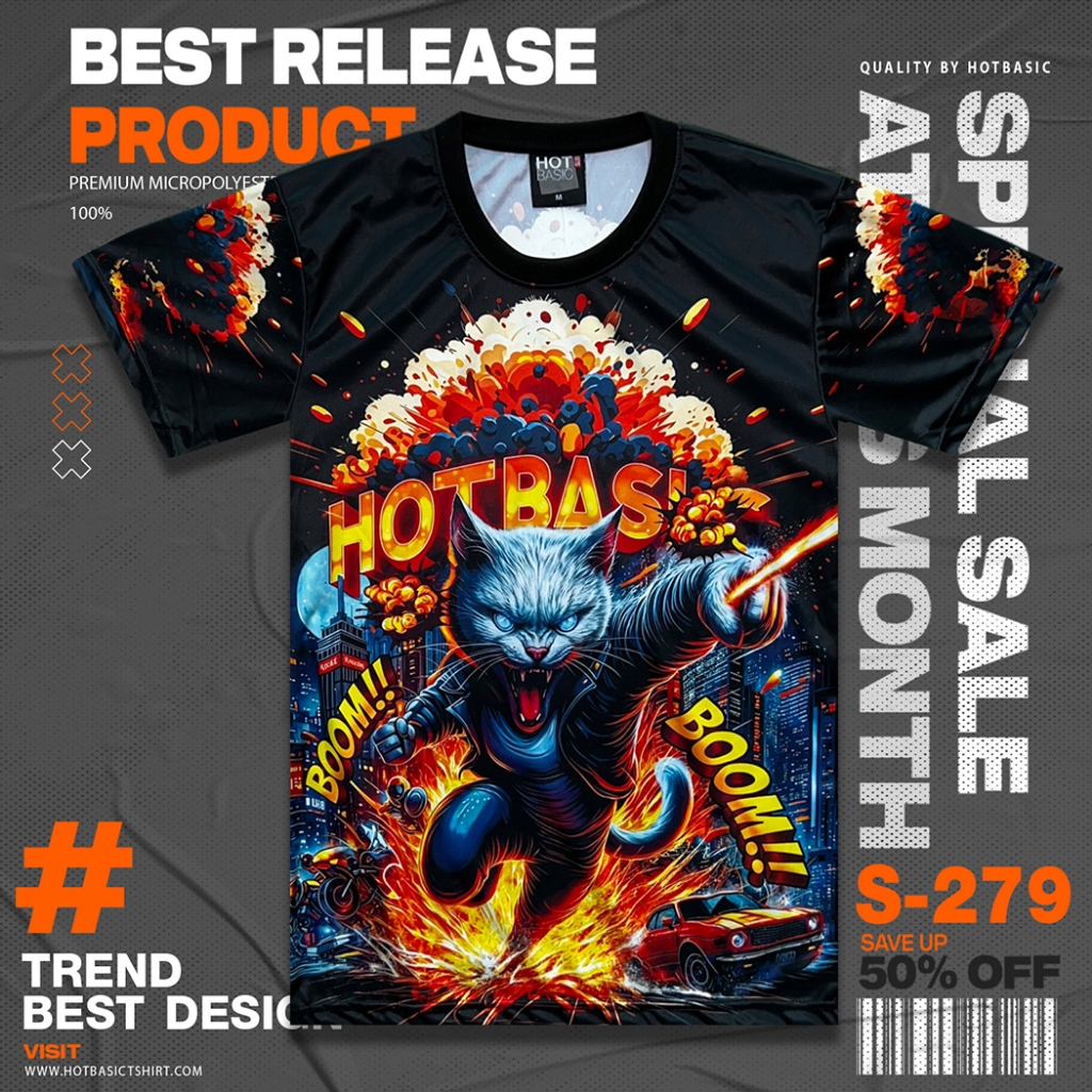HotBasic เสื้อยืดพิมพ์ลายผ้าไมโคร นุ่มสวมใส่สบายแห้งเร็วไม่ต้องรีด ลายแมวระเบิด [S279] | Shopee ...