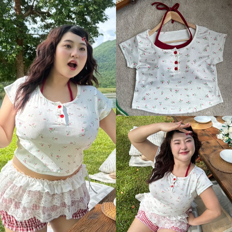 เสื้อครอปคล้องคอ (เว้าหลัง) เสื้อครอปสาวอวบ อก36-50นิ้ว plussize | Shopee Thailand