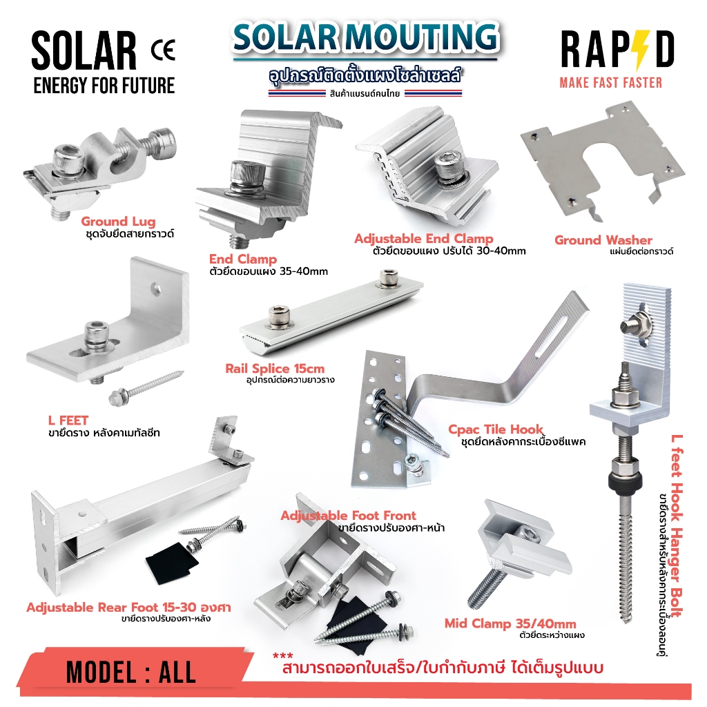 อุปกรณ์เสริม ติดตั้ง แผงโซล่าเซลล์ ขายึดรางปรับองศา ขายึดต่างๆ กับแผง ...