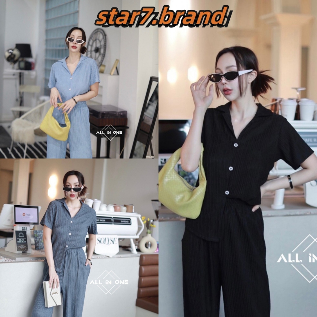 🌈🍓Star7.brand พร้อมส่ง🍓🆙COD🆙เสื้อแขนสั้นคอปก ระบายอากาศได้ดี เซท2ชิ้น เสื้อครอป+กางเกงขายาว ผ้า ...