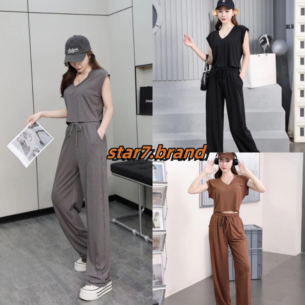 🌈🍓Star7.brand พร้อมส่ง🍓🆙COD🆙 ชุดเสื้อแขนสั้นคอวีและกางเกงขายาวกางเกงขายาวมีเชือก สไตล์ครอปมีหลาย ...