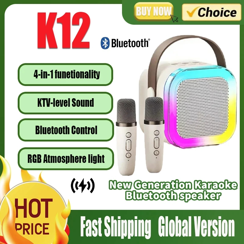 K12 Bluetooth Wireless Portable Speaker Multi-function Karaoke with 1-2 Microphone Small Home ...