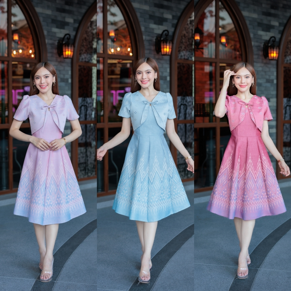 Kety Smile ชุดเดรสผ้าทอลาย แต่งกั๊ก ผูกโบว์เองได้ กระโปรงบาน 8 ชิ้น (S-5XL) N664 | Shopee Thailand