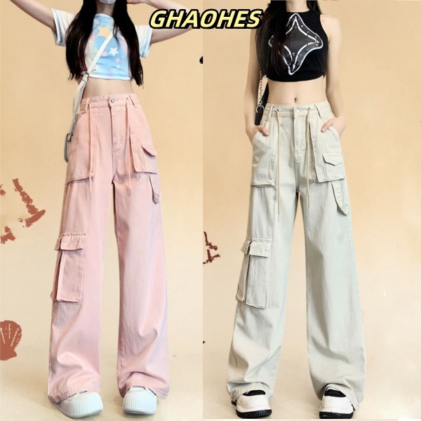 GHAOHES 710 กางเกงคาร์โก้ ผ้ายีนส์ สีเบจ ชมพู S-L ทรงเองสูงทรงหลวม สไตล์ถนน | Shopee Thailand