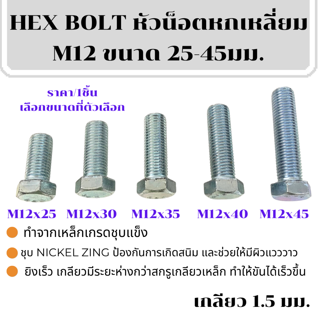 HEX BOLT M12 ขนาด 25-45มม. น๊อต น็อตหัวหกเหลี่ยม ตัวผู้ สกรู Screw สกรู ...