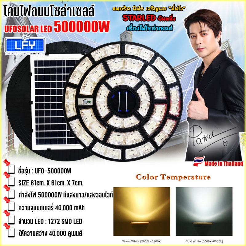 ใหม่ล่าสุด UFO-500000W-W แสงขาว 1272LED สว่าง 360 องศา กันน้ำ IP67 ใช้พลังงานแสงอาทิตย์100% ...