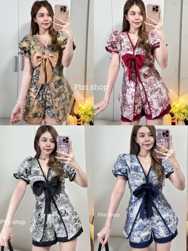 Roseshop เซท2ชิ้น เสื้อติดโบว์ใหญ่ๆอลังการ ผ้าทอลาย กางเกงขาสั้นดีมาก ลุคผู้ดี ไม่ร้อน | Shopee ...