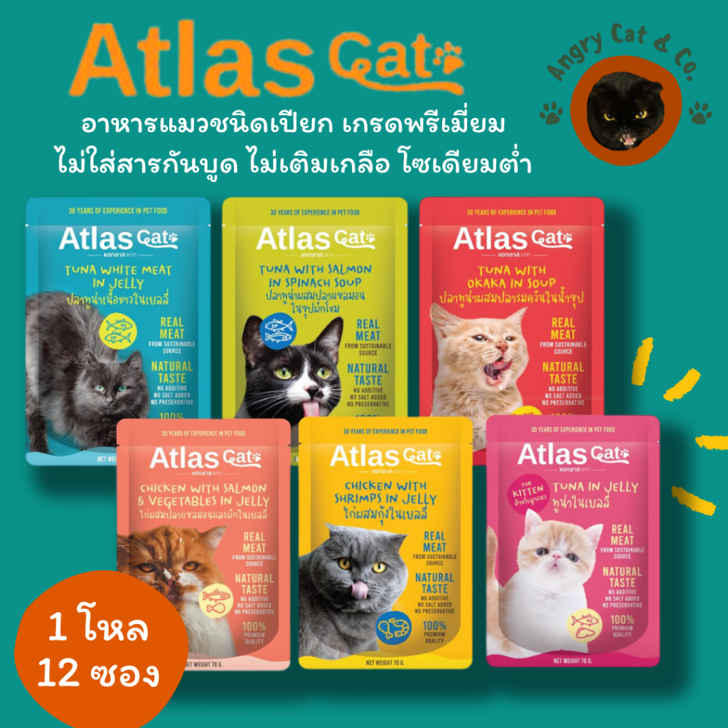 Atlas Cat แอทลาส แคท อาหารเปียกแมว เกรดพรีเมียม 1 โหล 12 ซอง 70g*12 ...