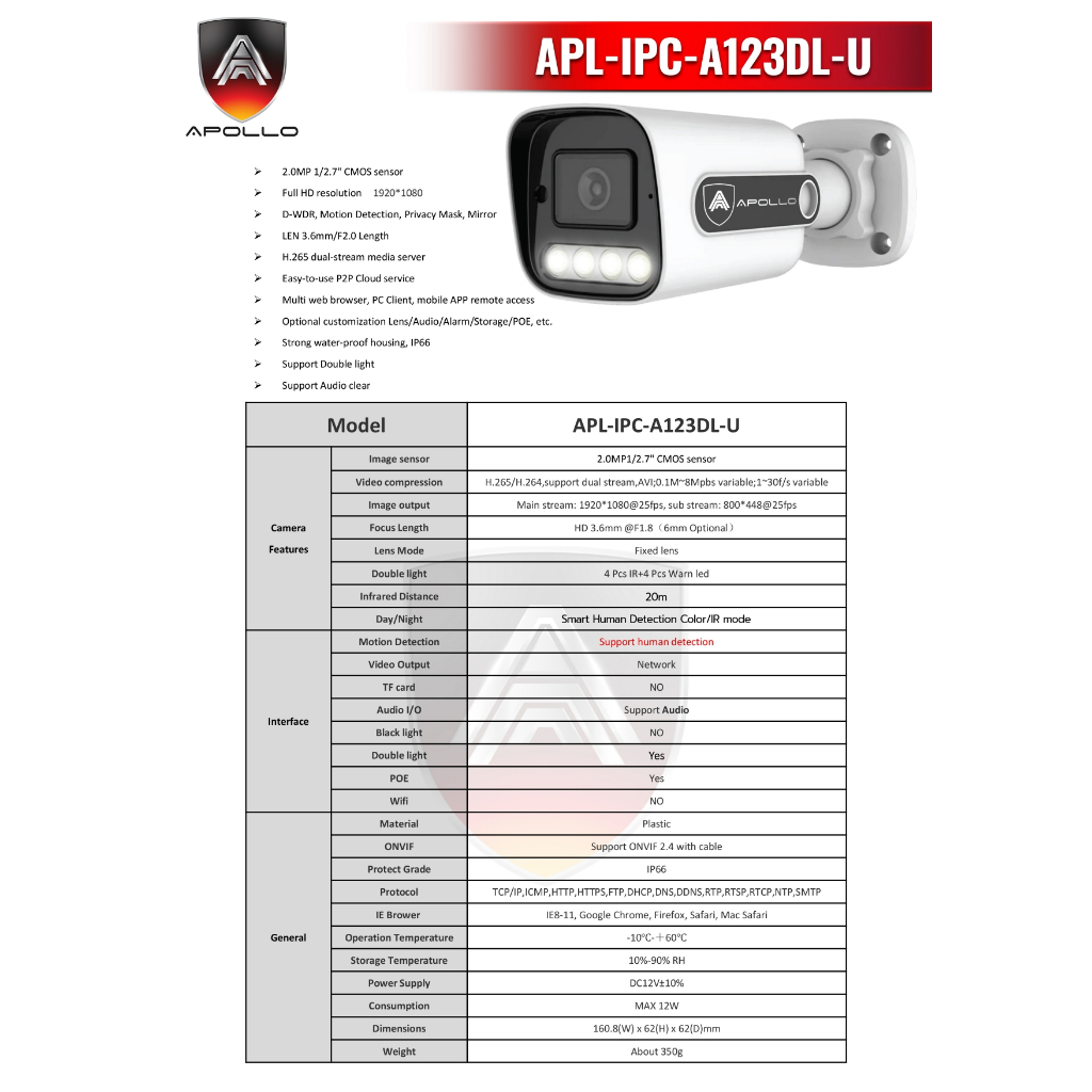 APOLLO APL-IPC-A123DL-U กล้องวงจรปิด CCTV IP Camera 2MP กล้อง POE AI จับการเคลื่อน ภาพสี 24ชม. ...