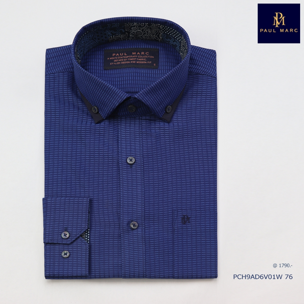 PAUL MARC เสื้อเชิ้ตสีน้ำเงินปกติดกระดุม button down แขนยาว slim fit ...