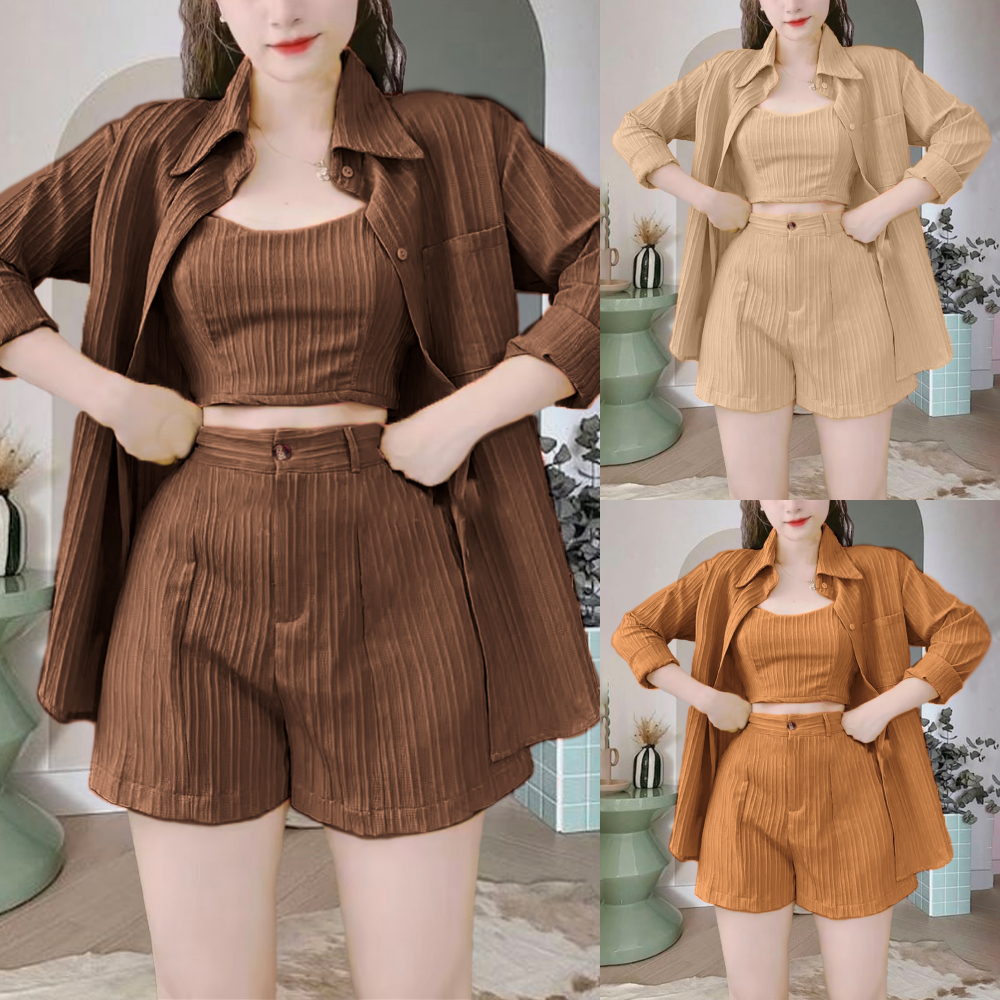 ชุดเซต3ชิ้นผ้าด๊อบบี้ เสื้อคลุม+สายเดี่ยว+กางเกง A878 | Shopee Thailand