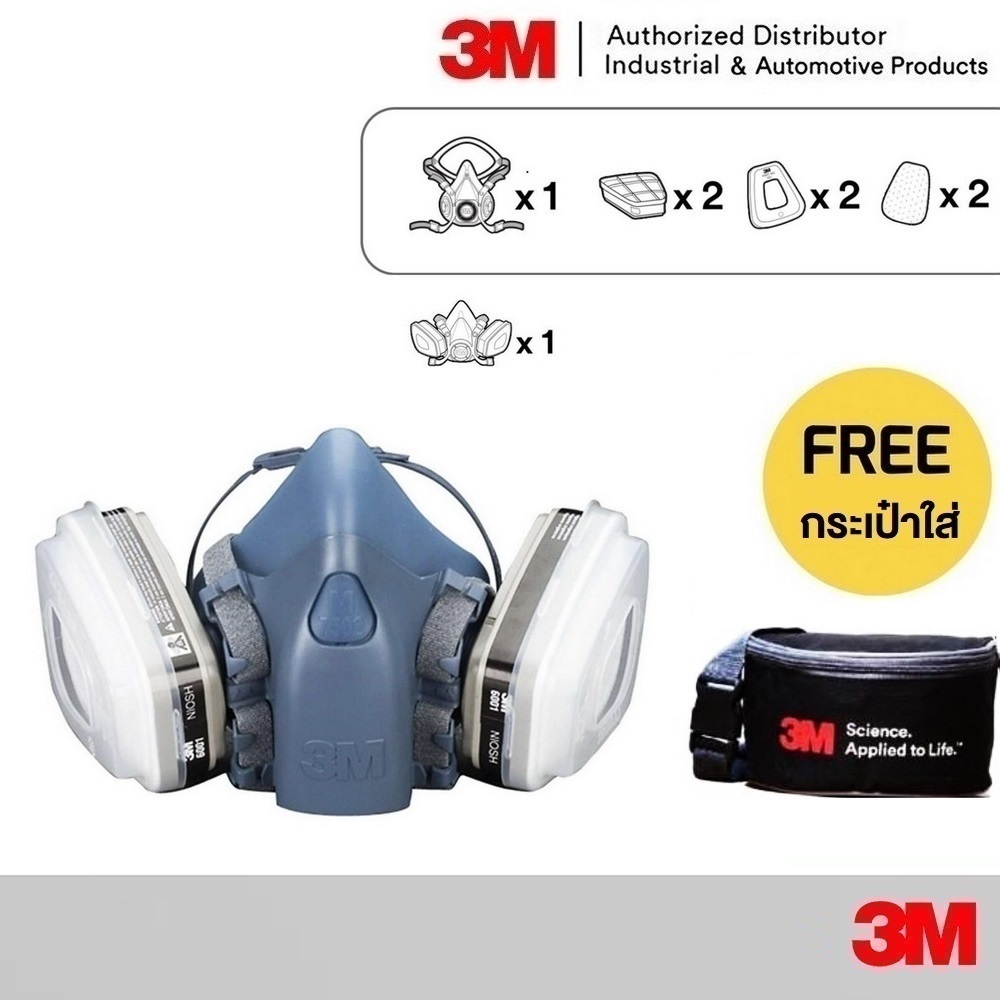 3M 7501/7502/7503 S-M-L หน้ากากซิลิโคนครึ่งหน้า ชนิดกรองคู่, ตลับกรอง ...