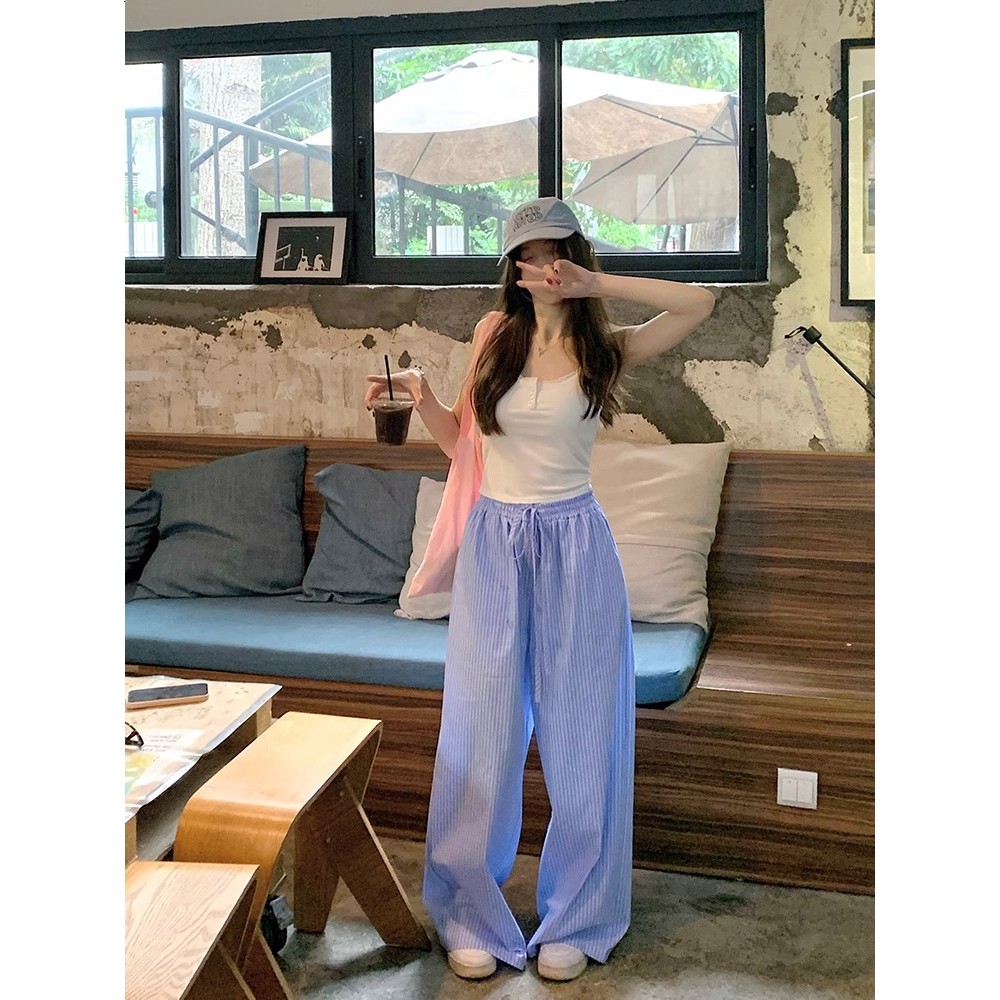 กางเกงขายาวลายขาแนวตั้งผู้หญิง 2024 ฤดูร้อนใหม่บางเอวสูงหลวมกางเกง Mop ...