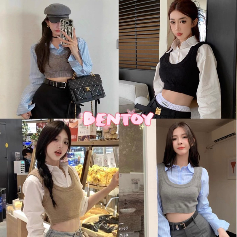 Bentoy(01067)เสื้อแขนยาว ไหมพรม ดีเทลแต่งสองชิ้น คอปกผ้าเชื้ต สาวY2K แมทช์ง่าย | Shopee Thailand
