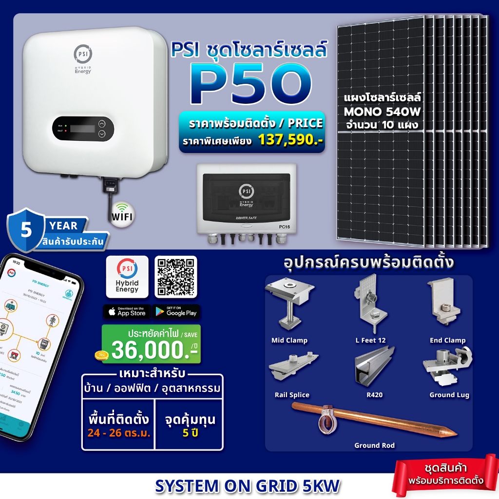 PSI ชุดโซล่าเซลล์ P50 อุปกรณ์ครบพร้อมติดตั้ง สินค้ารับประกัน 5 ปี ...