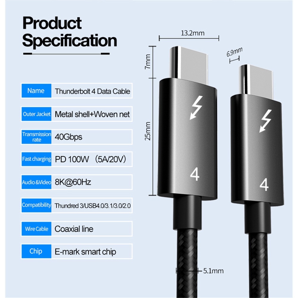【พร้องส่ง】Coaxial 40Gbps Thunderbolt 4 สายเคเบิล USB4 Type C PD100W 5A 20V 8K USB-C ถ่ายโอน ...