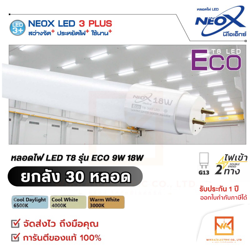 (ยกลัง 30หลอด)NeoX หลอดนีออน LED T8 9W 18W รุ่นใหม่ล่าสุด รุ่น ECO ไฟเข้าสองทาง (Double-End) มี ...