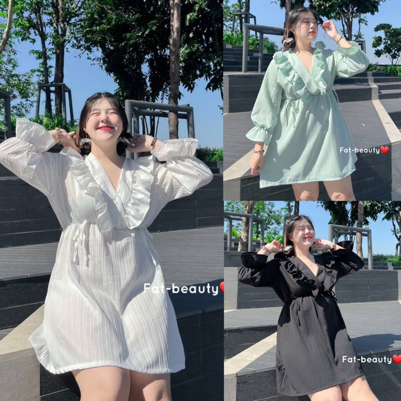 เดรสคอวีแขนยาว แต่งระบายอก งานเดรสไซต์ใหญ่ bigsize Plussize | Shopee Thailand
