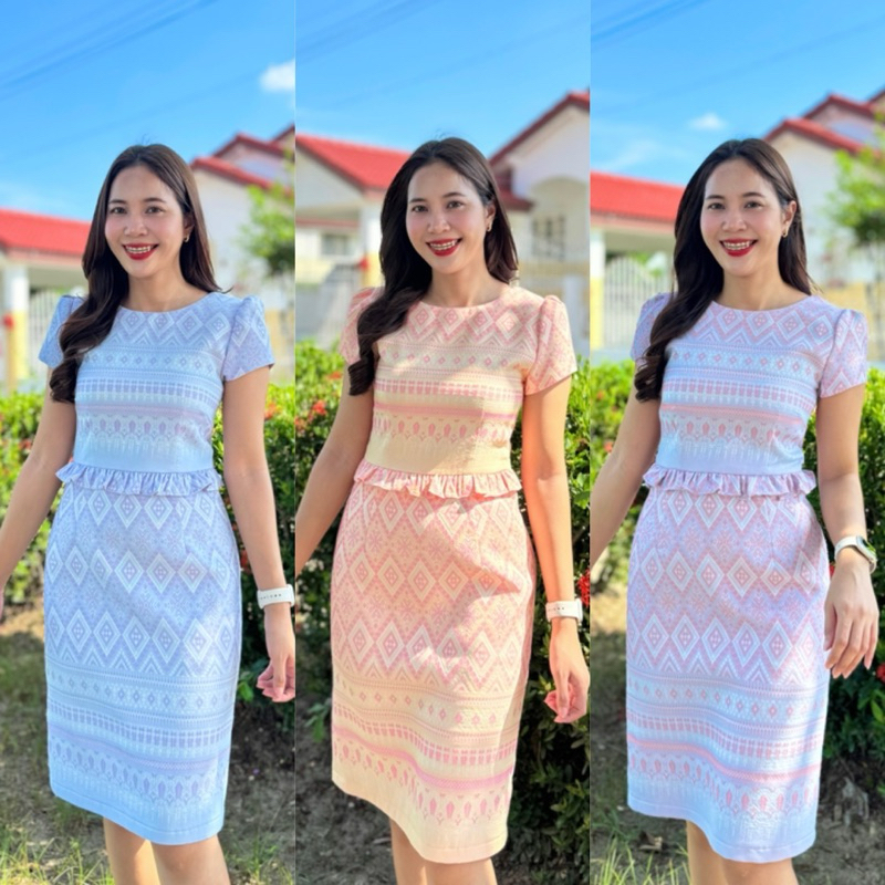 ชุดเดรสผ้าไทย อัดกาว แต่งระบายช่วงเอว by Raphee | Shopee Thailand